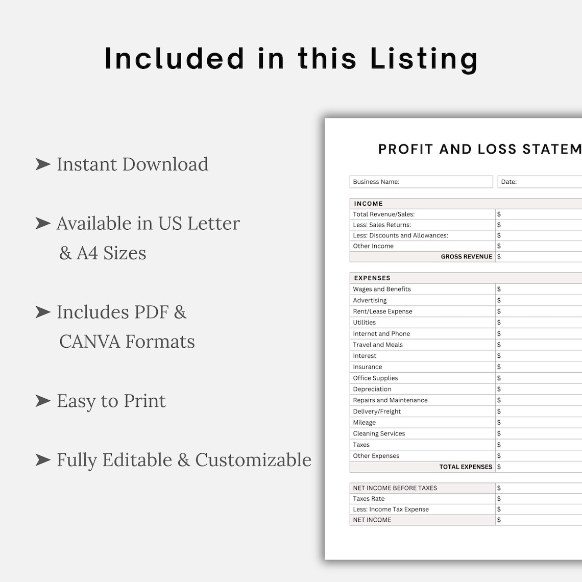 Printable Profit and Loss Statement Template, Profit Calculator ...