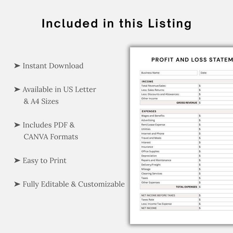 Printable Profit and Loss Statement Template, Profit Calculator ...