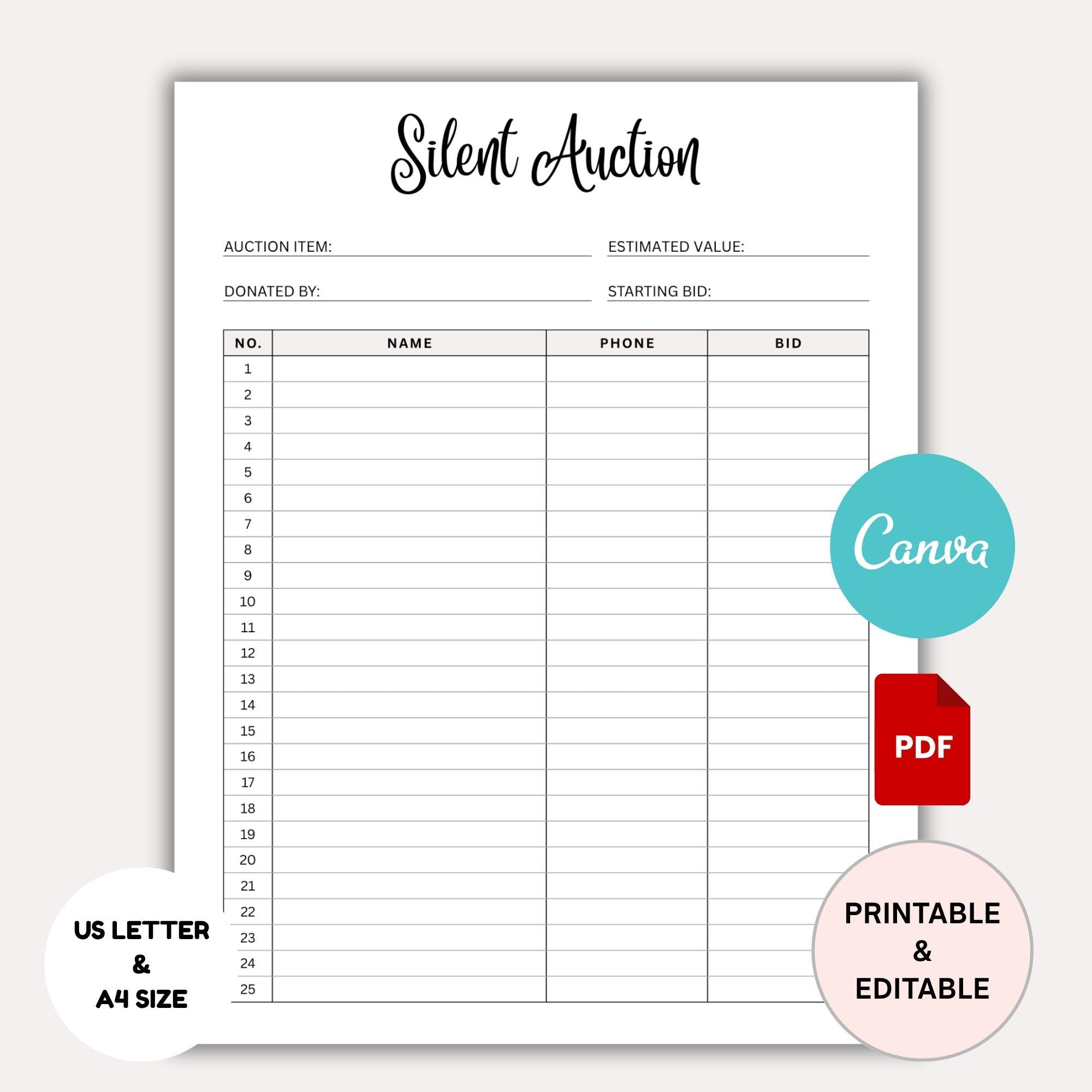 Silent Auction Bid Sheet Printable, Silent Auction Sign up Sheet ...