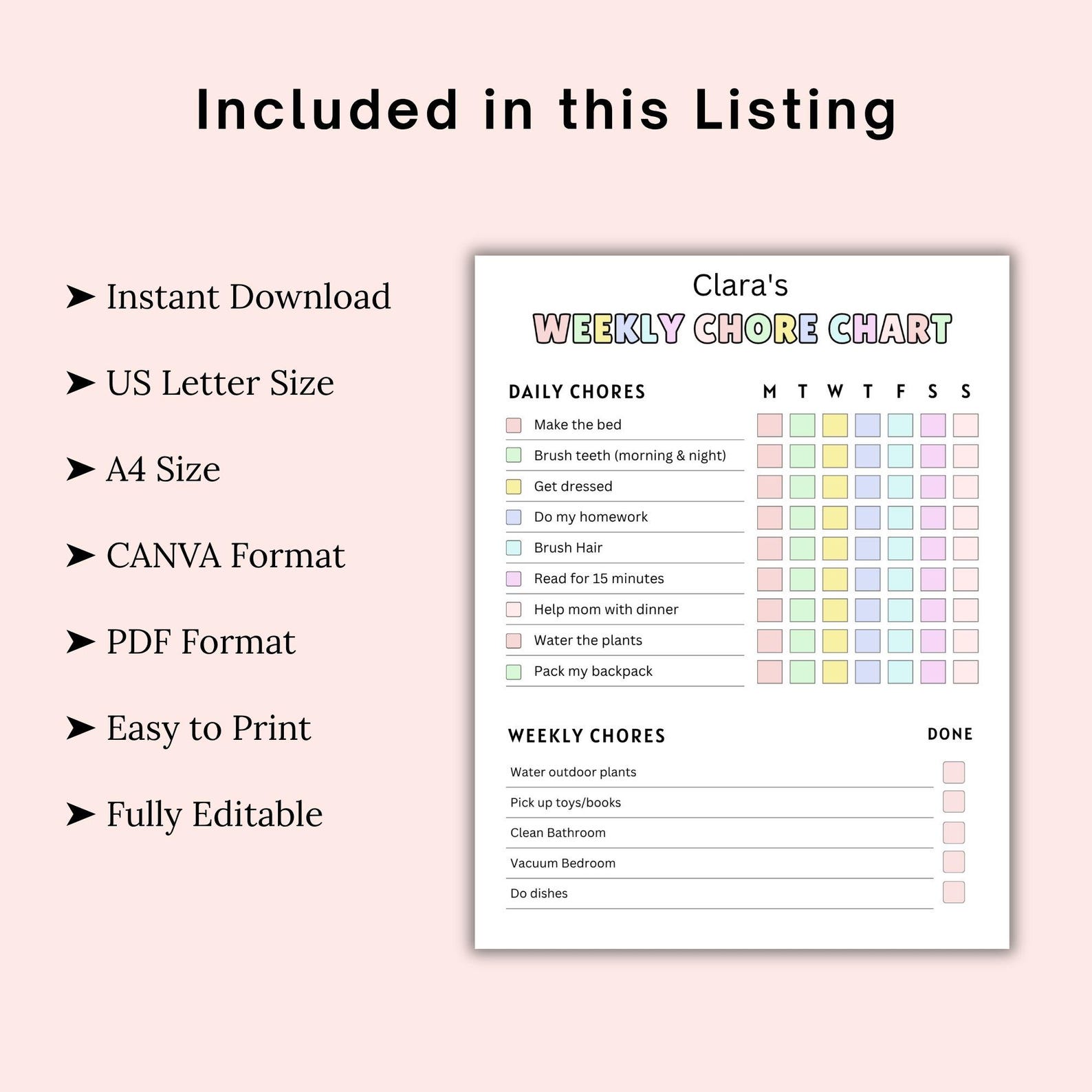 Weekly Chore Chart for Kids EDITABLE, Kids Daily Responsibility Chart ...
