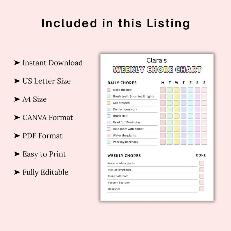 Weekly Chore Chart for Kids EDITABLE, Kids Daily Responsibility Chart ...