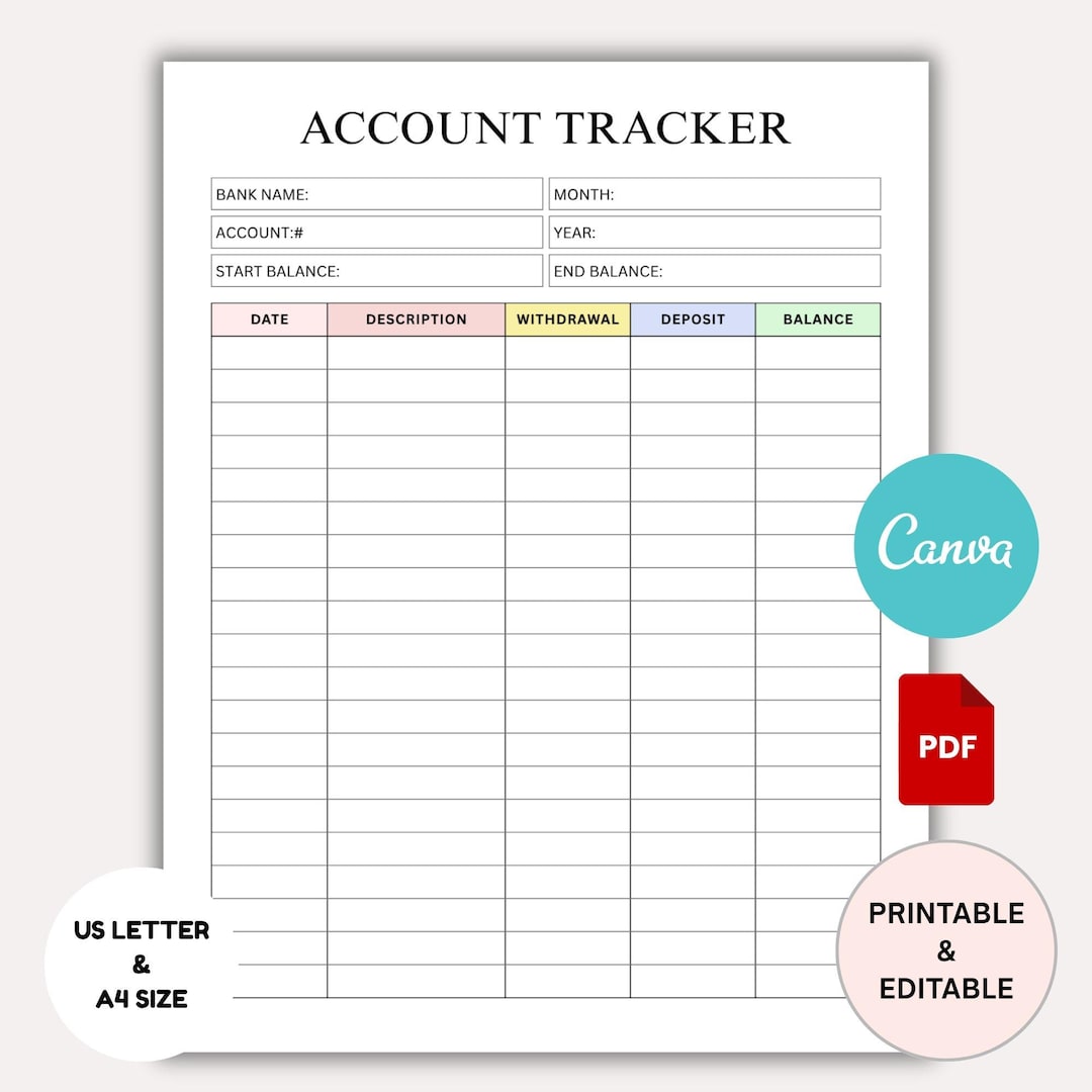 Editable Bank Balance Sheet, Printable Finance Log, Money Saving Sheet ...
