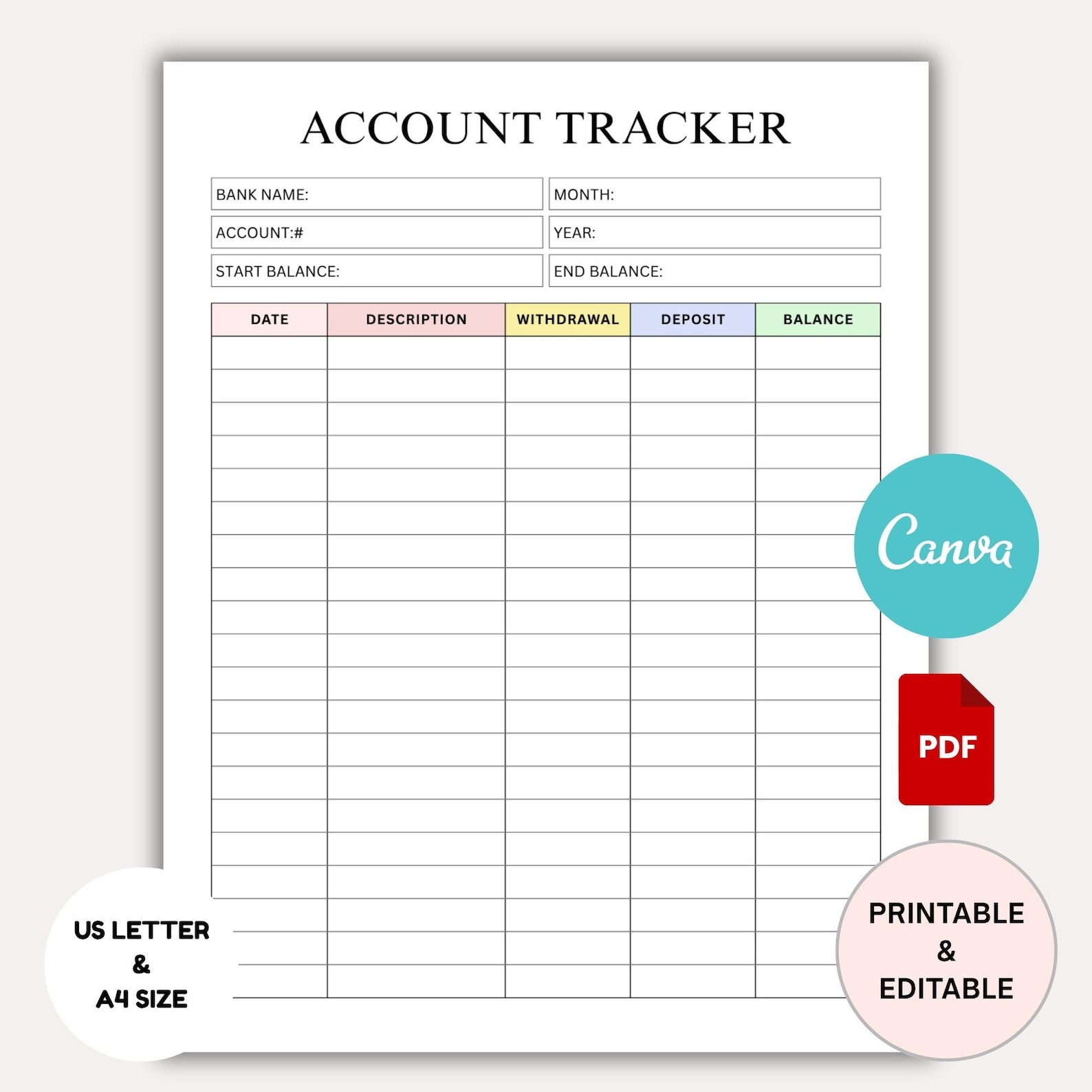 Printable Bank Balance Sheet: Finance Log, Savings Tracker (A4 & US ...