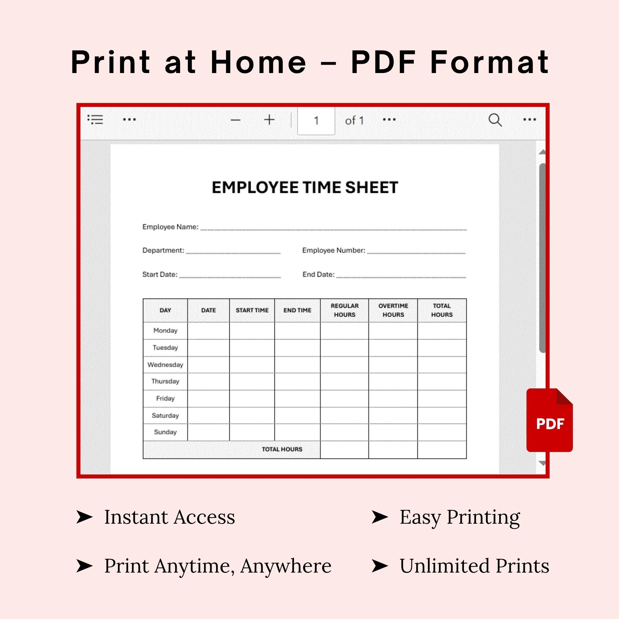 Employee Time Sheet Log Printable | Small Business Timecard Sheet ...