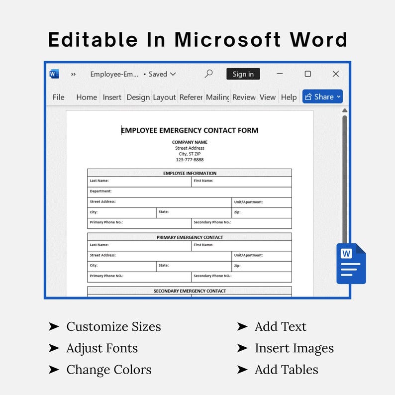 Employee Emergency Contact Form: Printable New Hire Template (word ...