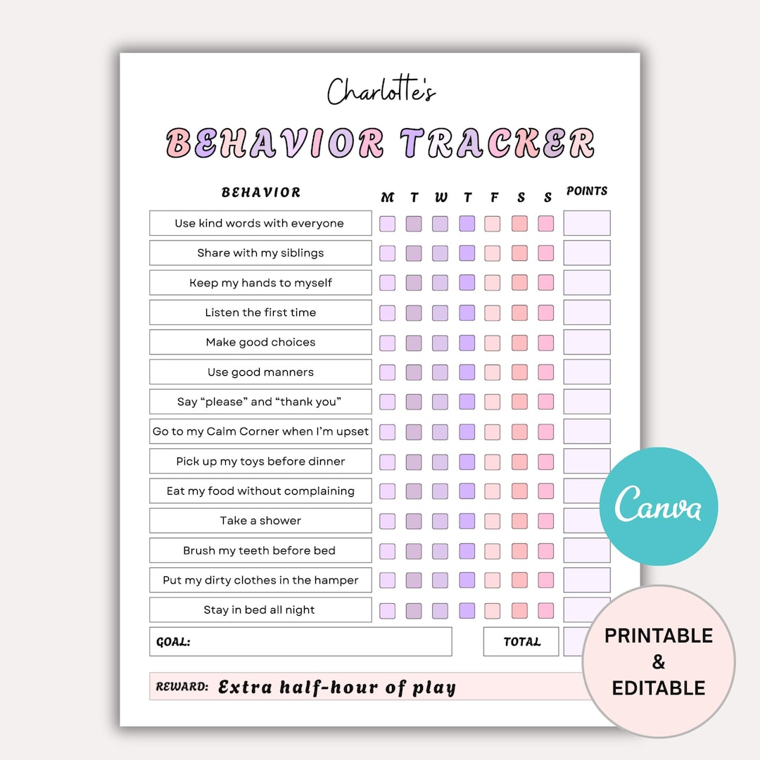 Behavior Reward Chart for Kids Printable, Behavior Tracker for Kids ...