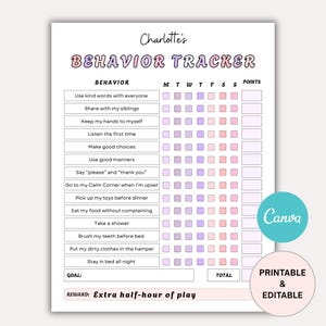 Editable Kids Behavior Reward Chart: Printable Chore Tracker (canva ...