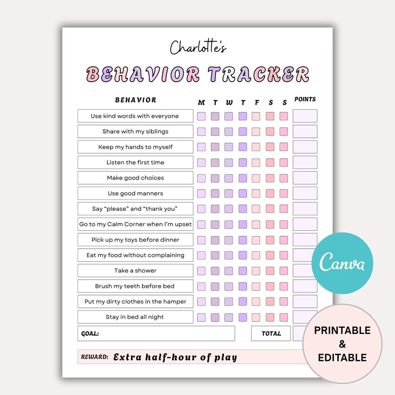 Behavior Reward Chart for Kids Printable, Behavior Tracker for Kids ...
