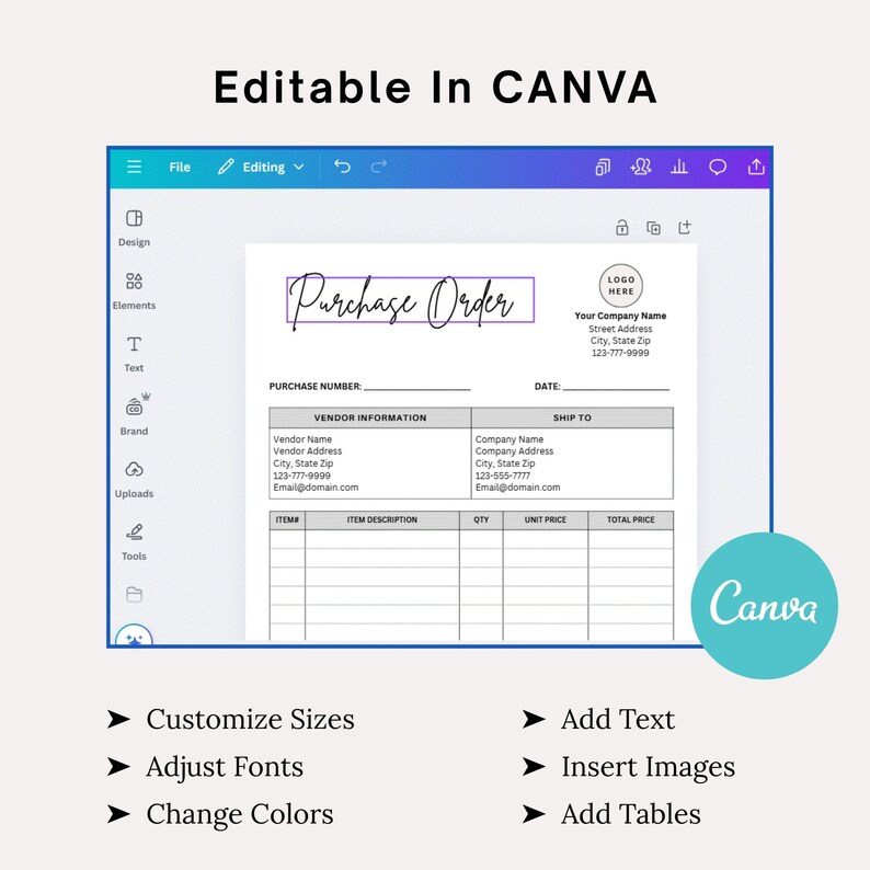 Purchase Order Template Editable | Small Business Purchase Order Form ...