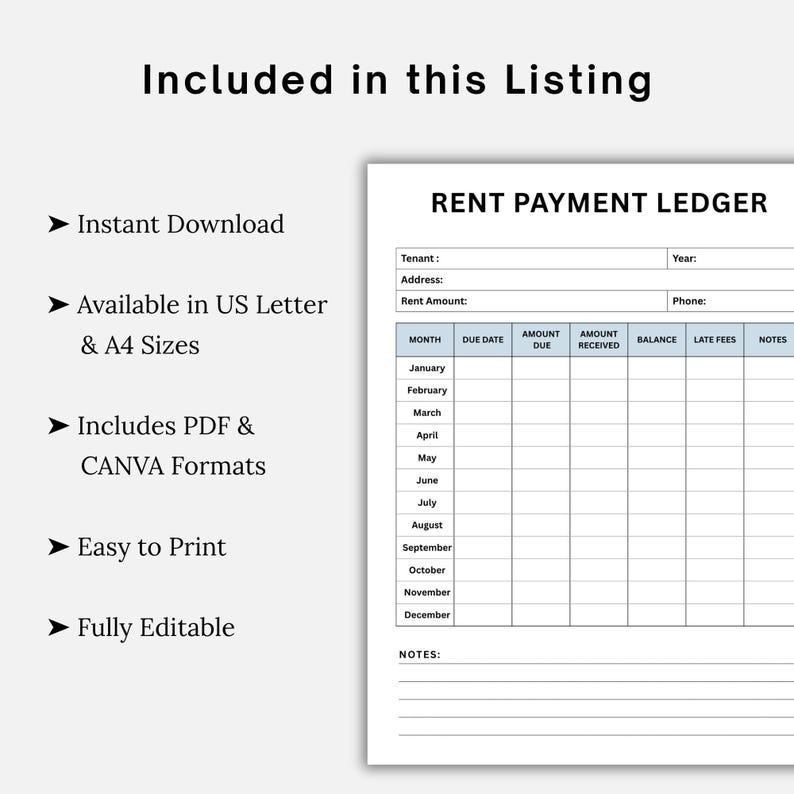 Monthly Rent Payment Ledger Template Landlord Rental by Month, Rent ...