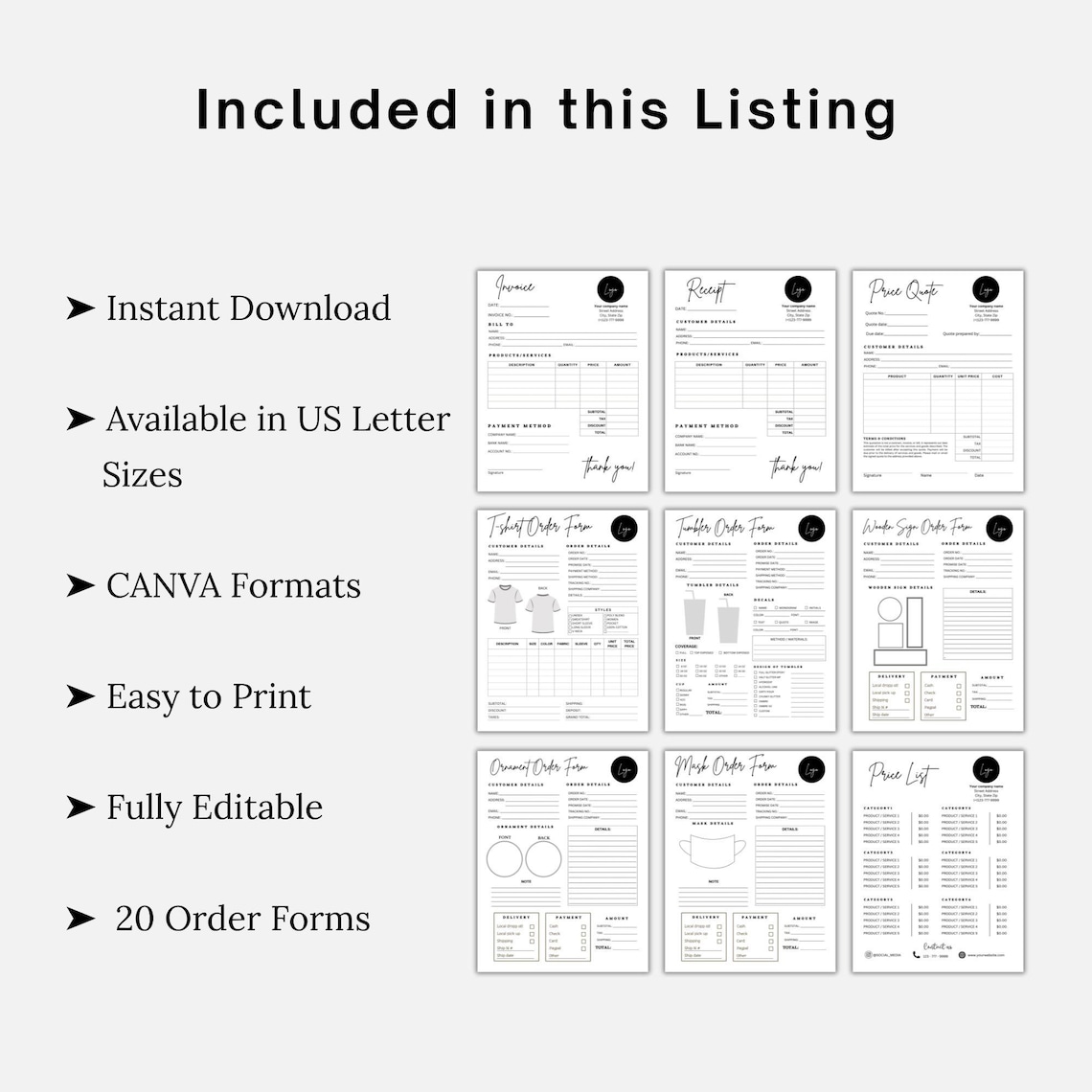 Editable Order Form Templates: Small Business Invoice, Canva (US Letter ...