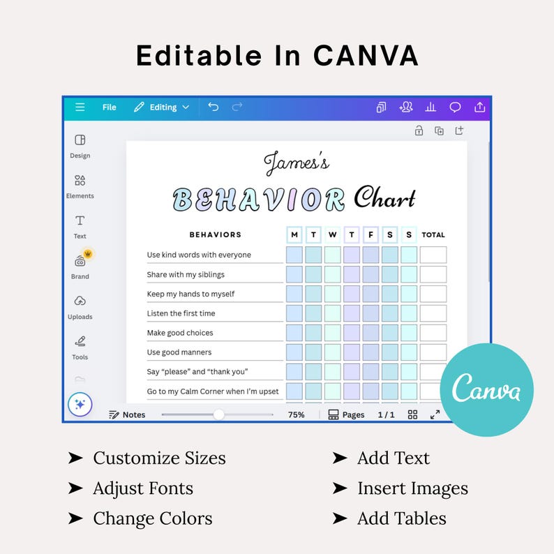 Editable Kids Behavior Chart Canva | Printable Reward Tracker | Toddler ...