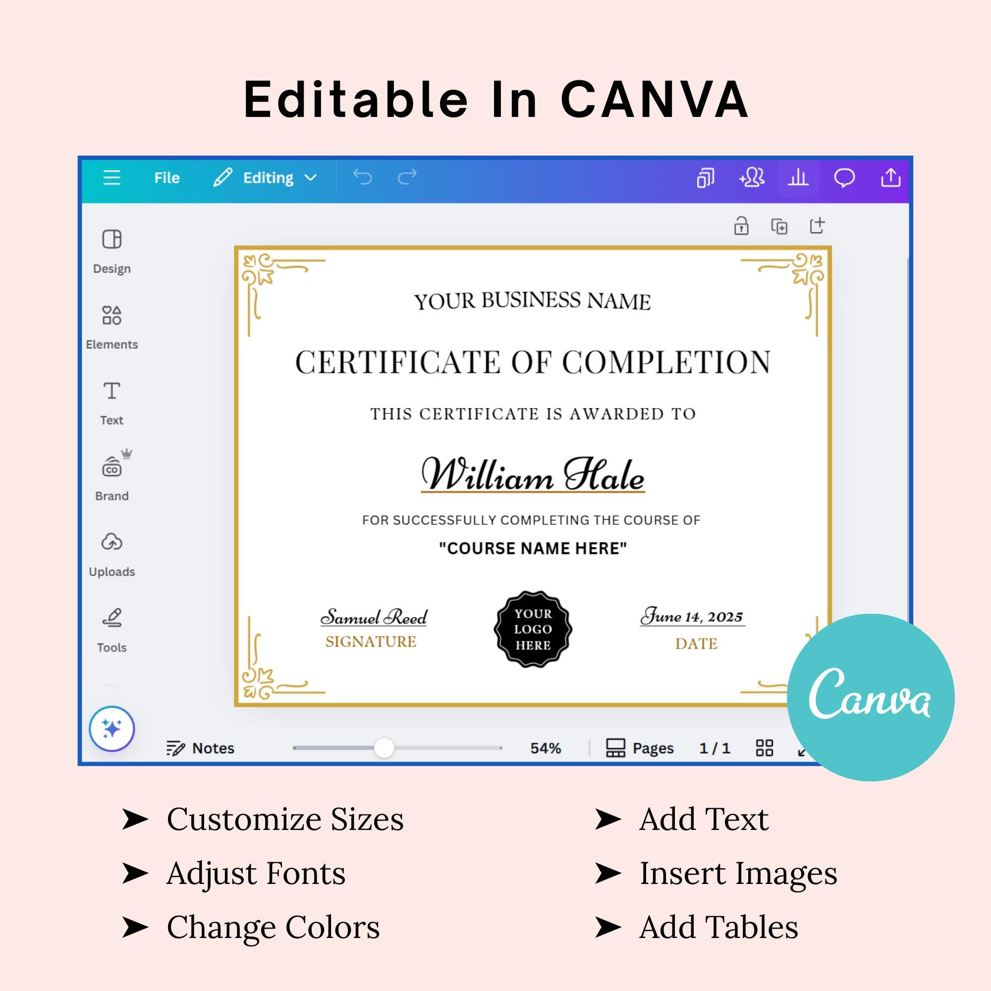 Certificate of Completion Template, Editable Course & Training ...