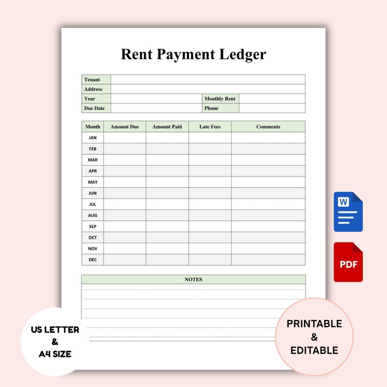 Editable Rent Payment Ledger, Printable Rental Payment Tracker ...
