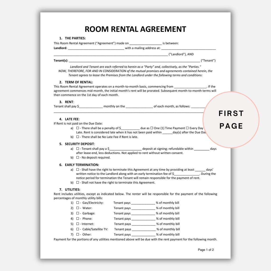 Room Rental Agreement Template Printable. Editable Room Tenancy ...