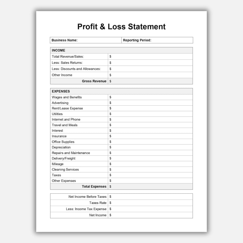 Profit and Loss Statement Printable, Profit Calculator, Expense, Income ...