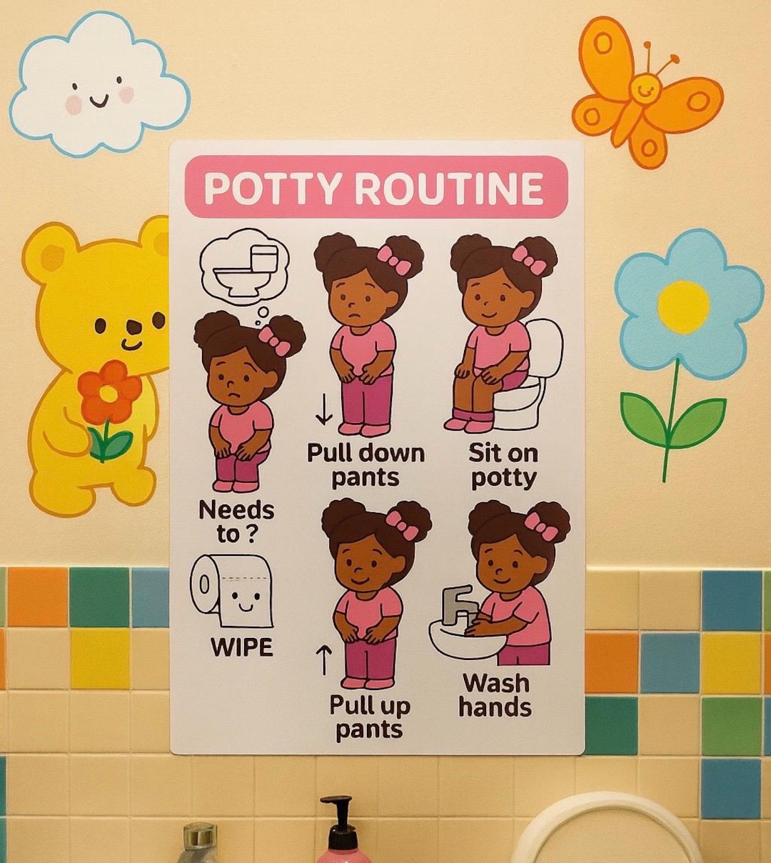 Potty Routine Visual Chart for Girls - Kids – Daycare Bathroom Wall ...