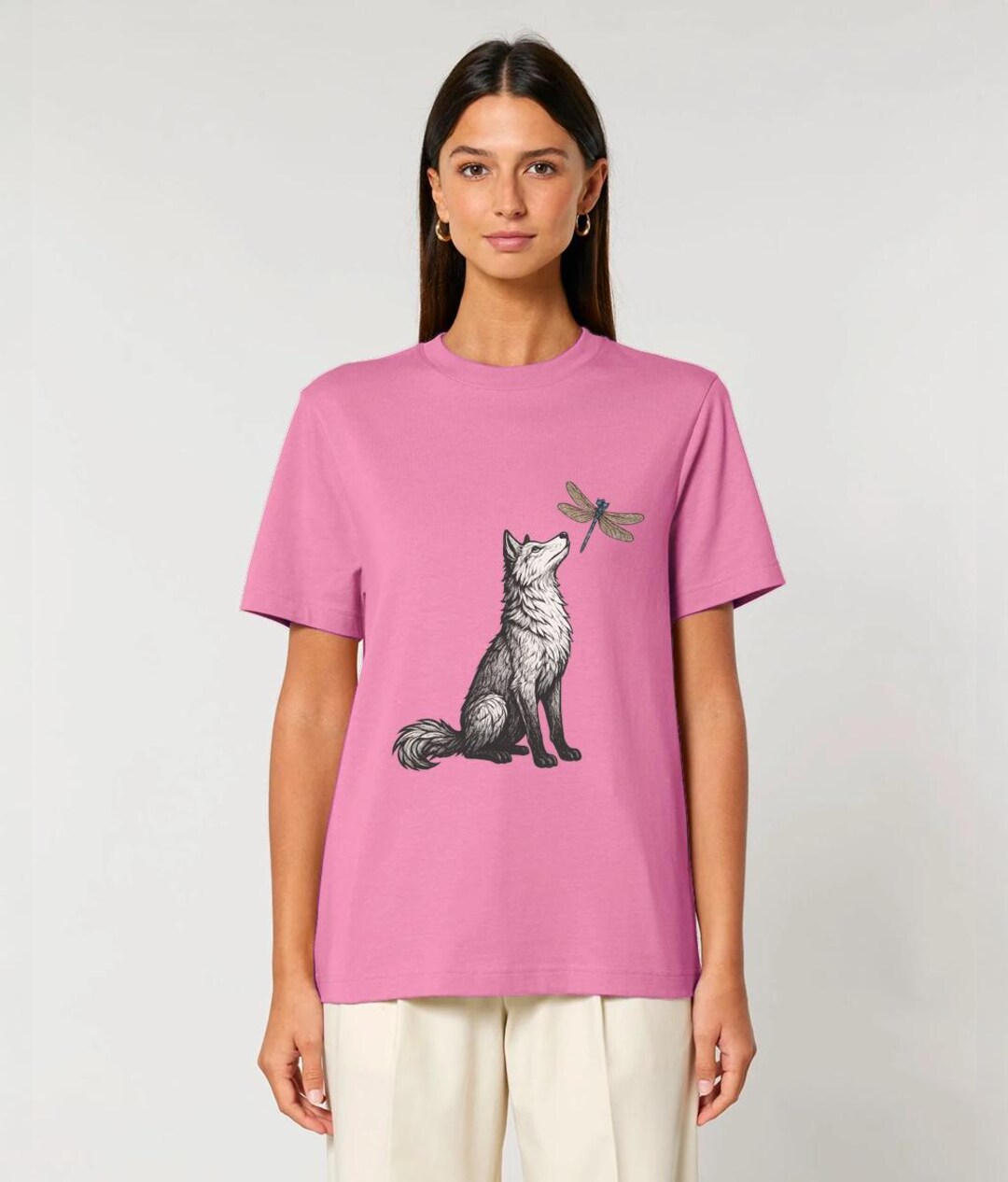 Whimsical Wolf and Dragonfly Line-art T-shirt - Etsy