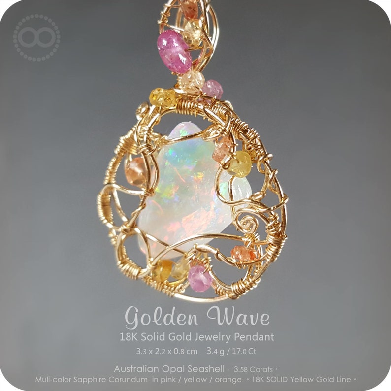 Australian Opal Seashell GOLDEN WAVE 18K SOLID Gold Jewelry Pendant ...
