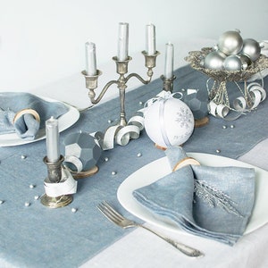 Blue Silver Linen Table RUNNER Metallic Table Decor Sparkly Christmas ...