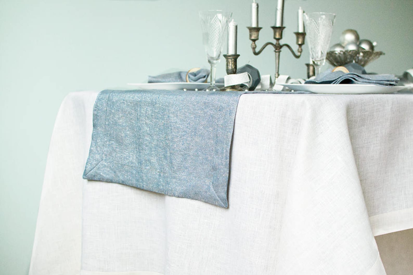Blue silver linen table RUNNER Metallic table decor Sparkly | Etsy
