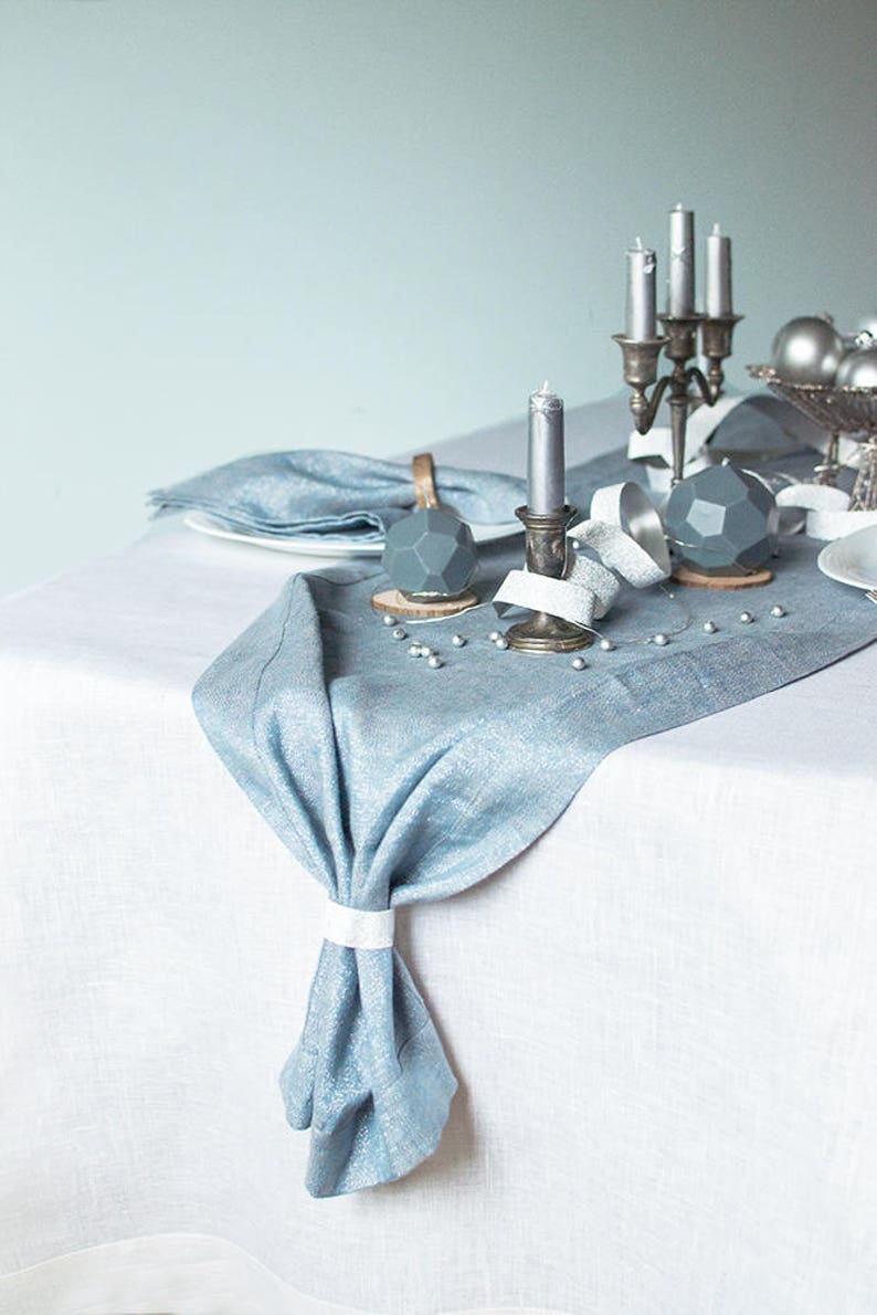 Blue silver linen table RUNNER Metallic table decor Sparkly | Etsy