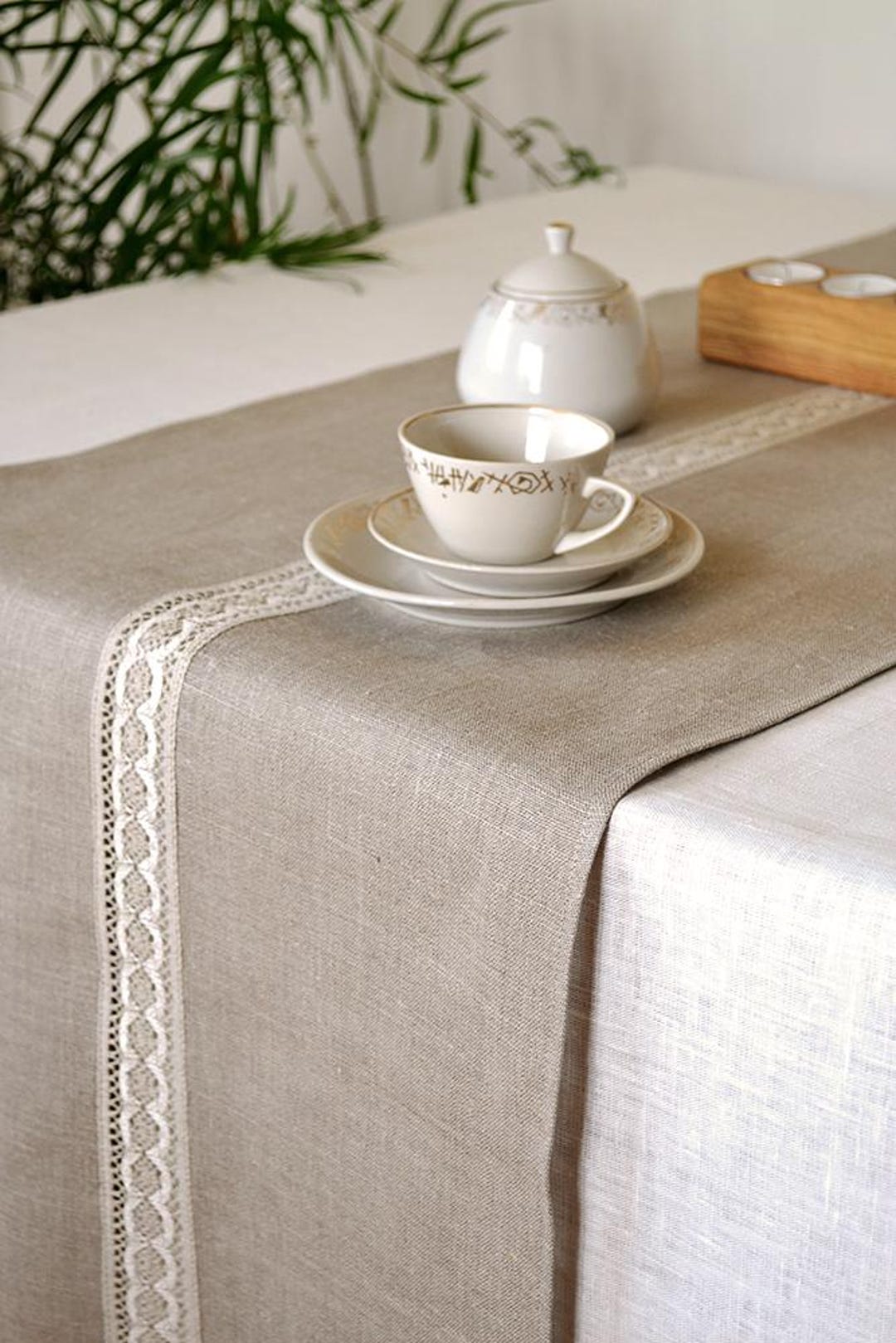 Natural Linen Table Runner Family Dinner Lace Table Decor Tan Modern ...