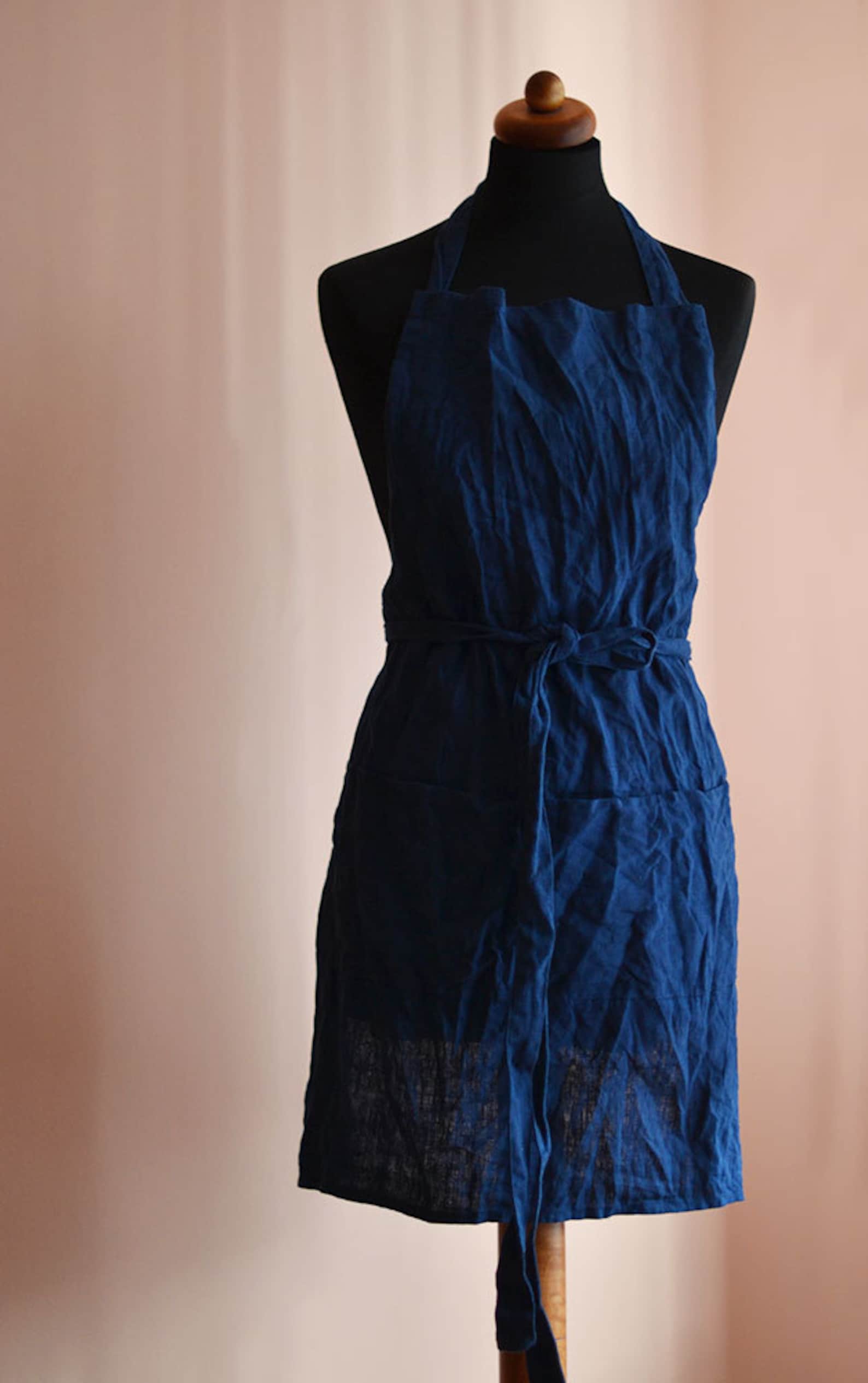 Full Linen Apron Navy Blue Apron Stone Washed Pinafore Apron Long Chef ...