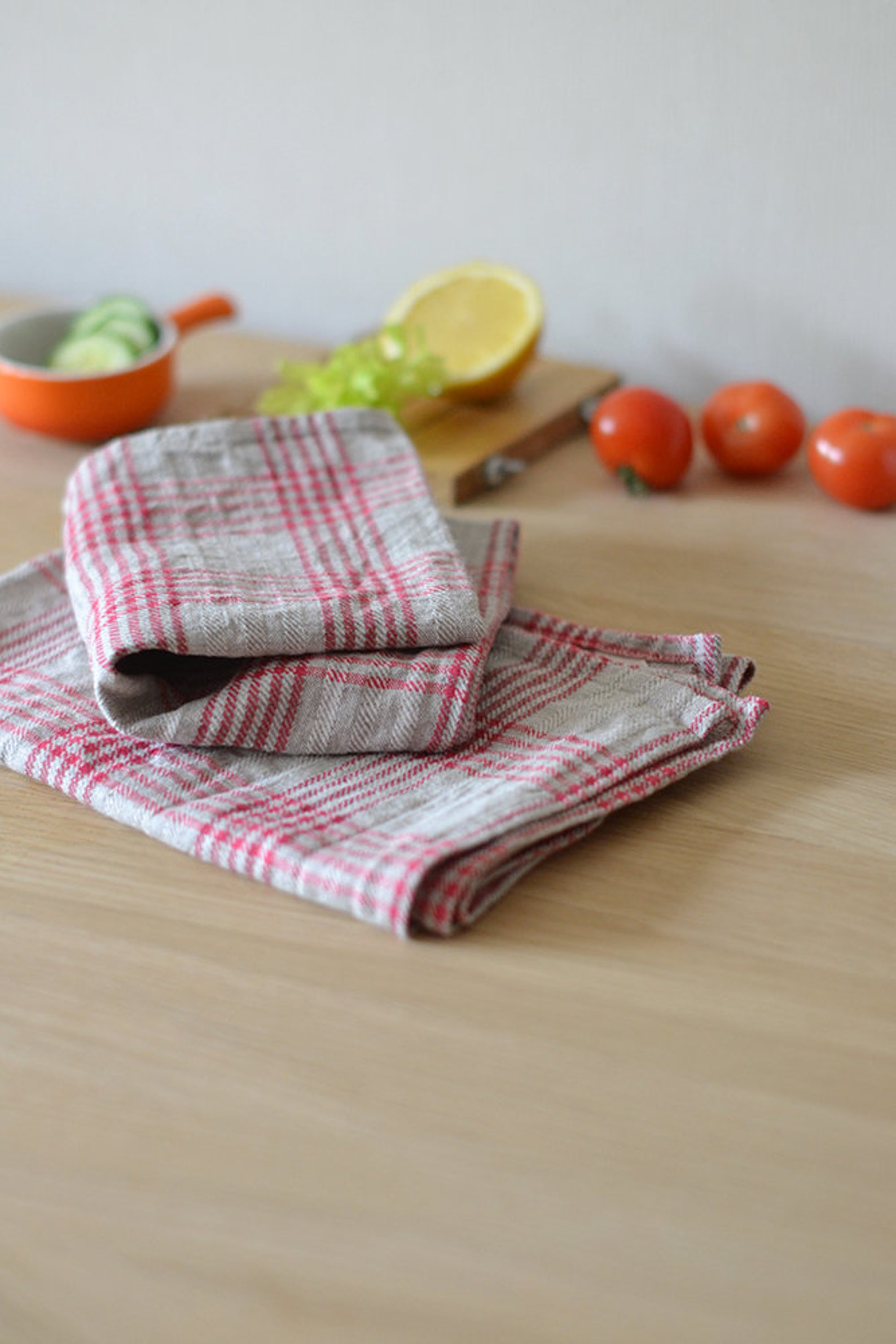 Plaid Red Linen Tea Towels Set of 2 Tartan Washed Unpaper Dish | Etsy