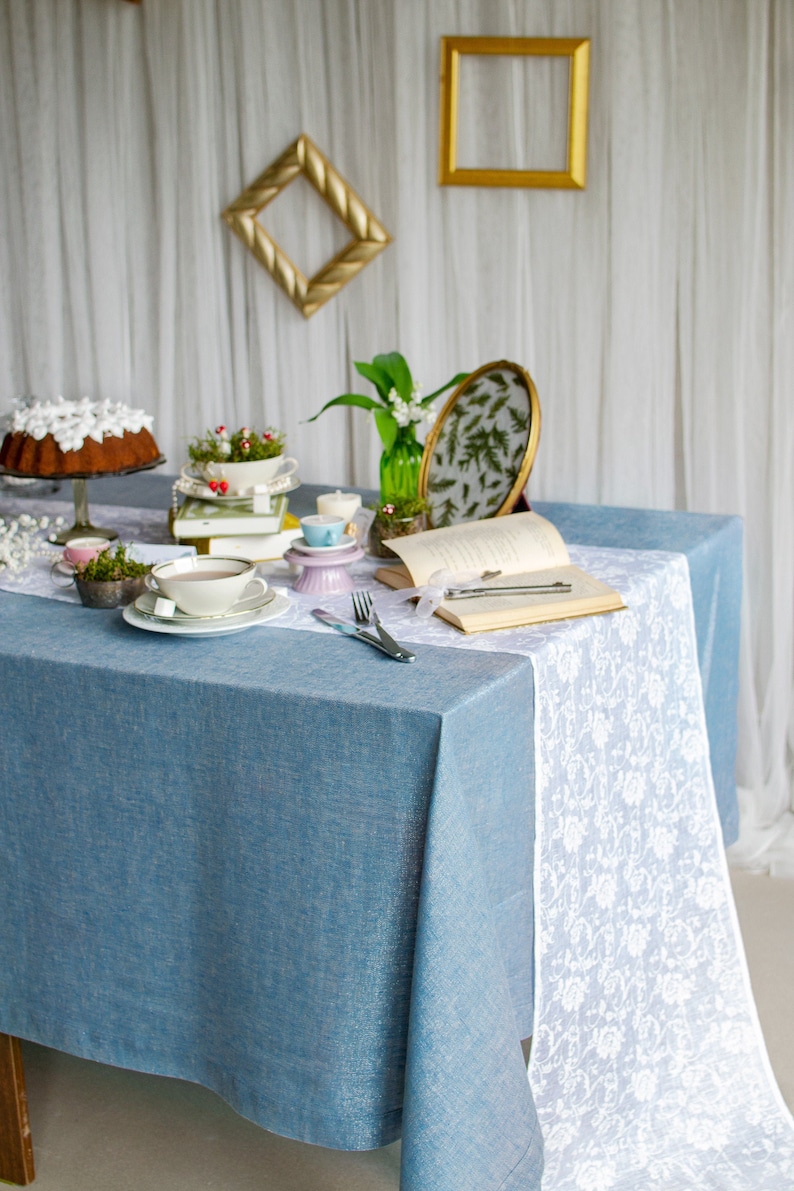 Silver Blue Linen TABLECLOTH Metallic Wedding Dinner Table Cover Extra ...