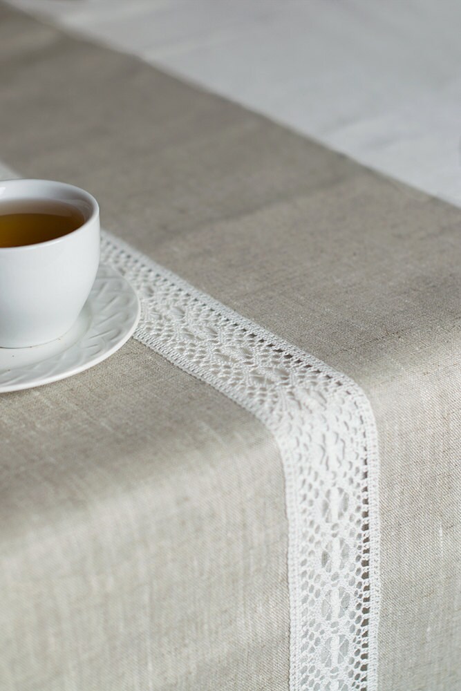 Natural Linen Runner With White Lace Rustic Centepiece Runner - Etsy