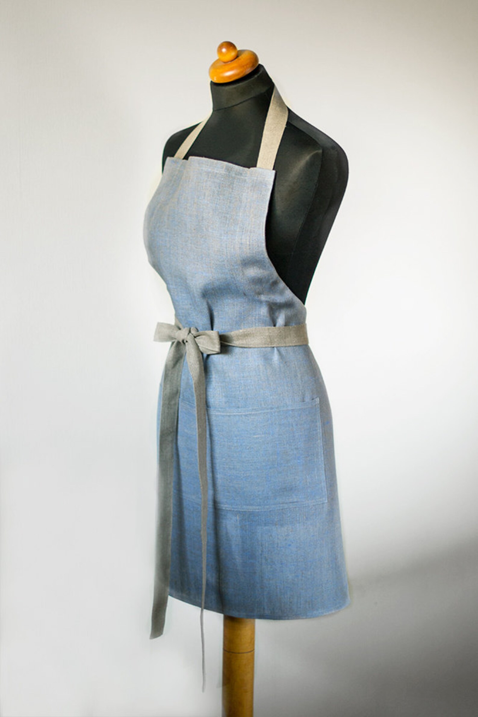 Linen Full Apron Natural Gray With Light Blue Apron Grey | Etsy