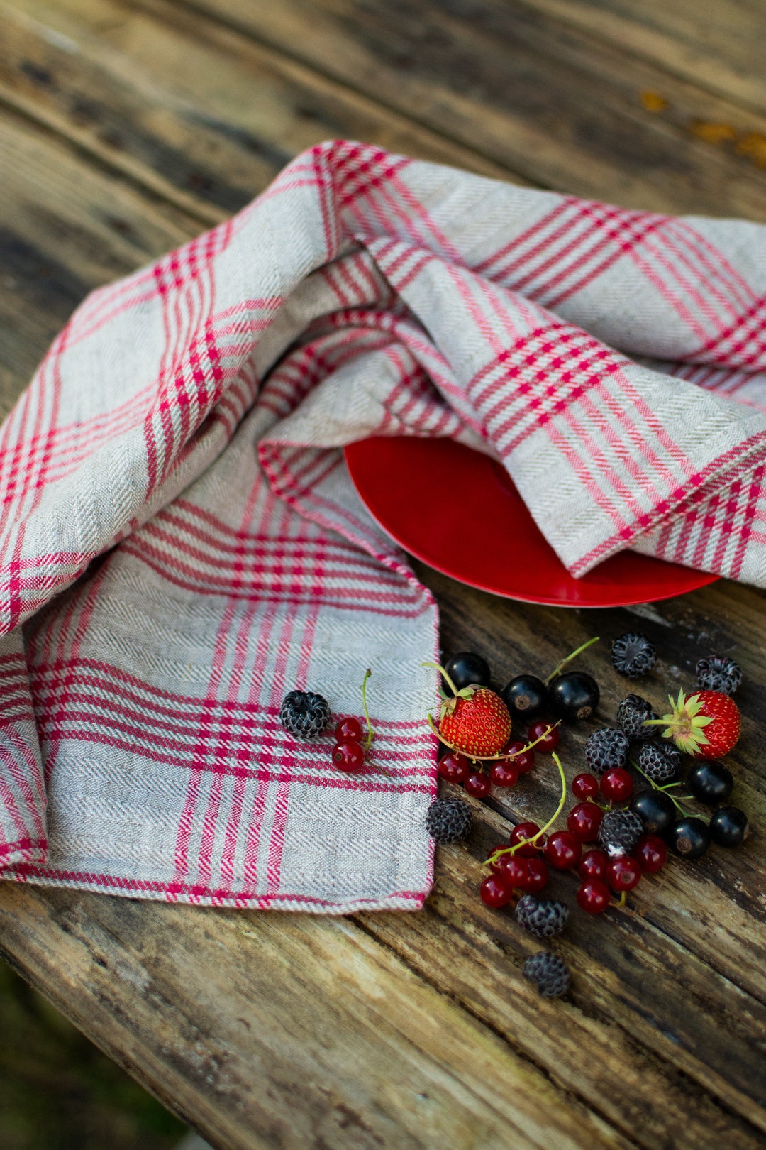 Plaid Red Linen Tea Towels Set of 2 Tartan Washed Unpaper Dish Cloth ...