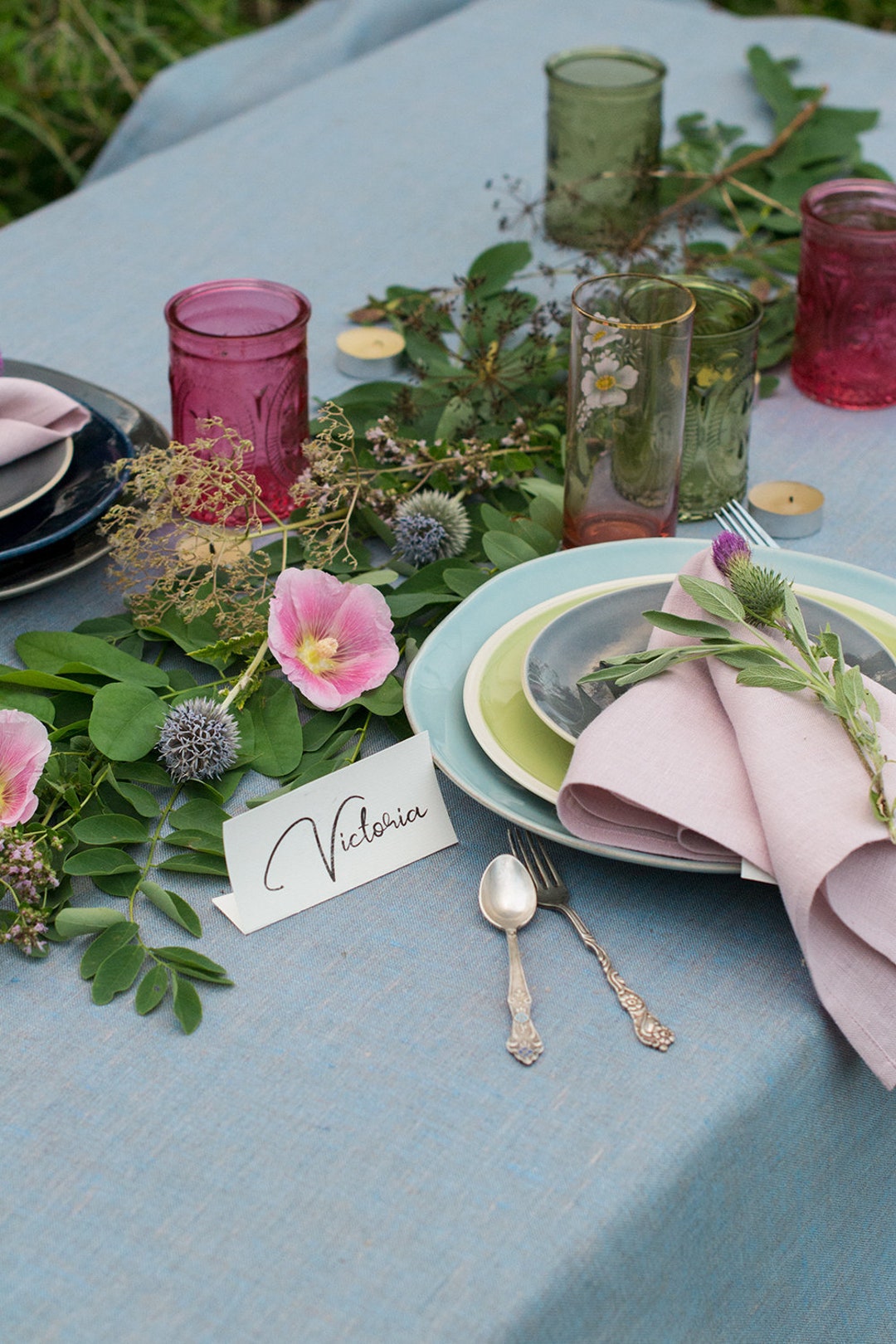 Blue Linen Tablecloth Fancy Easter Tablescapes Wedding Dinner Table ...