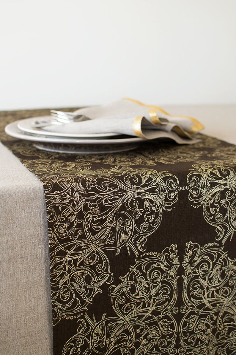 Brown Linen Table Runner Luxury Gold Dinner Runner Wedding | Etsy