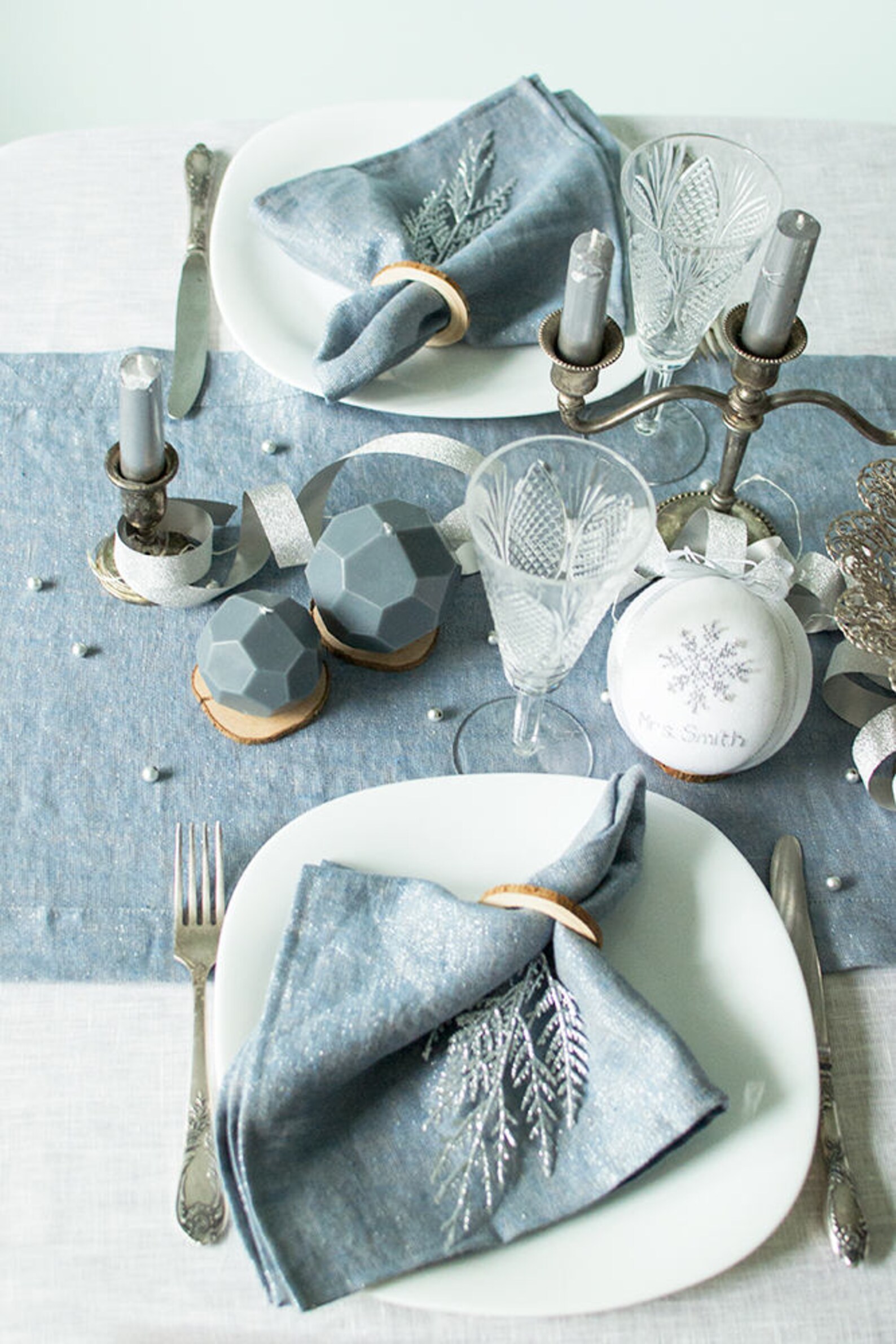 Blue silver linen table RUNNER Metallic table decor Sparkly | Etsy
