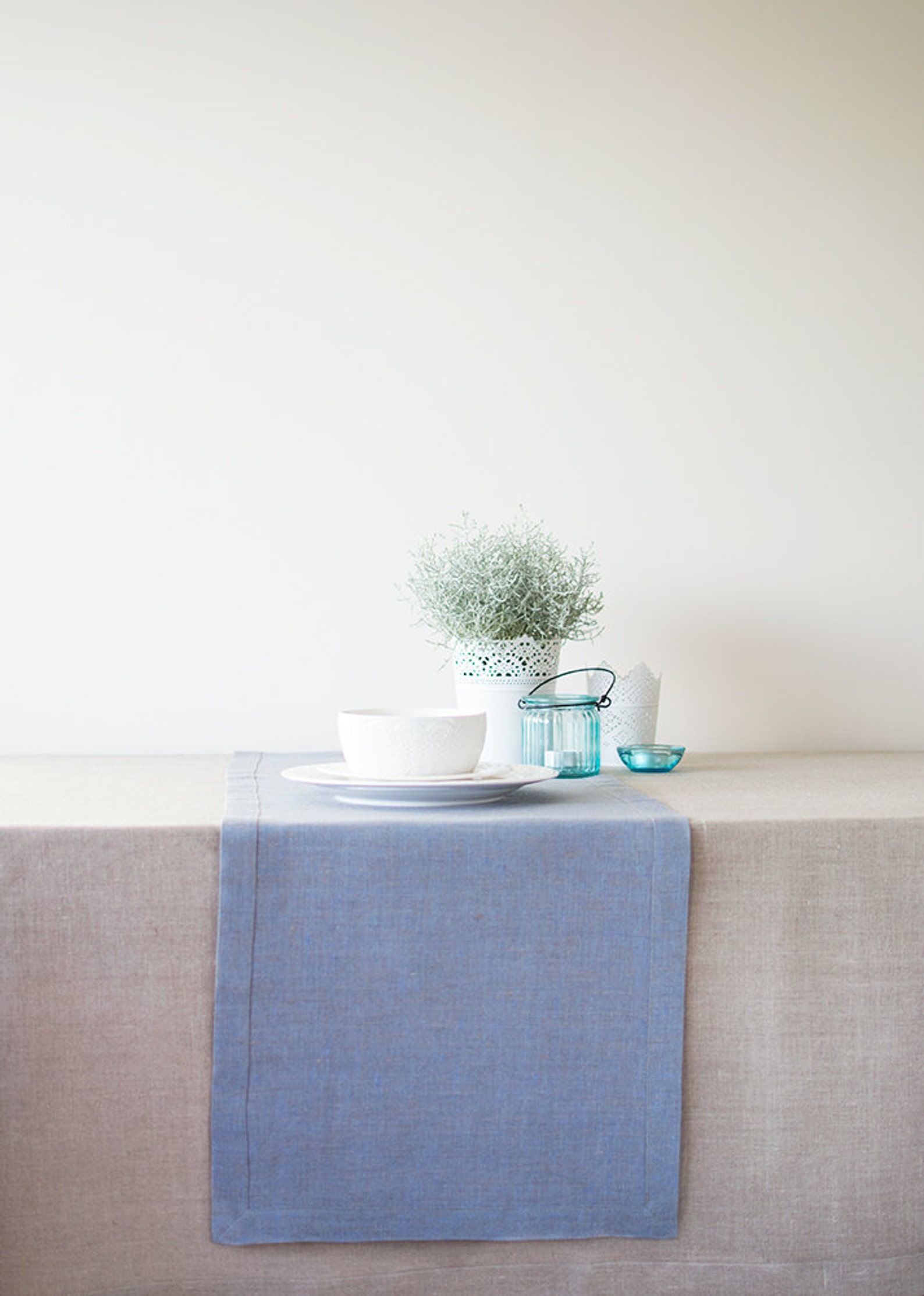 Blue Linen TABLE RUNNER Summer Dinner Long Runner Woodland | Etsy