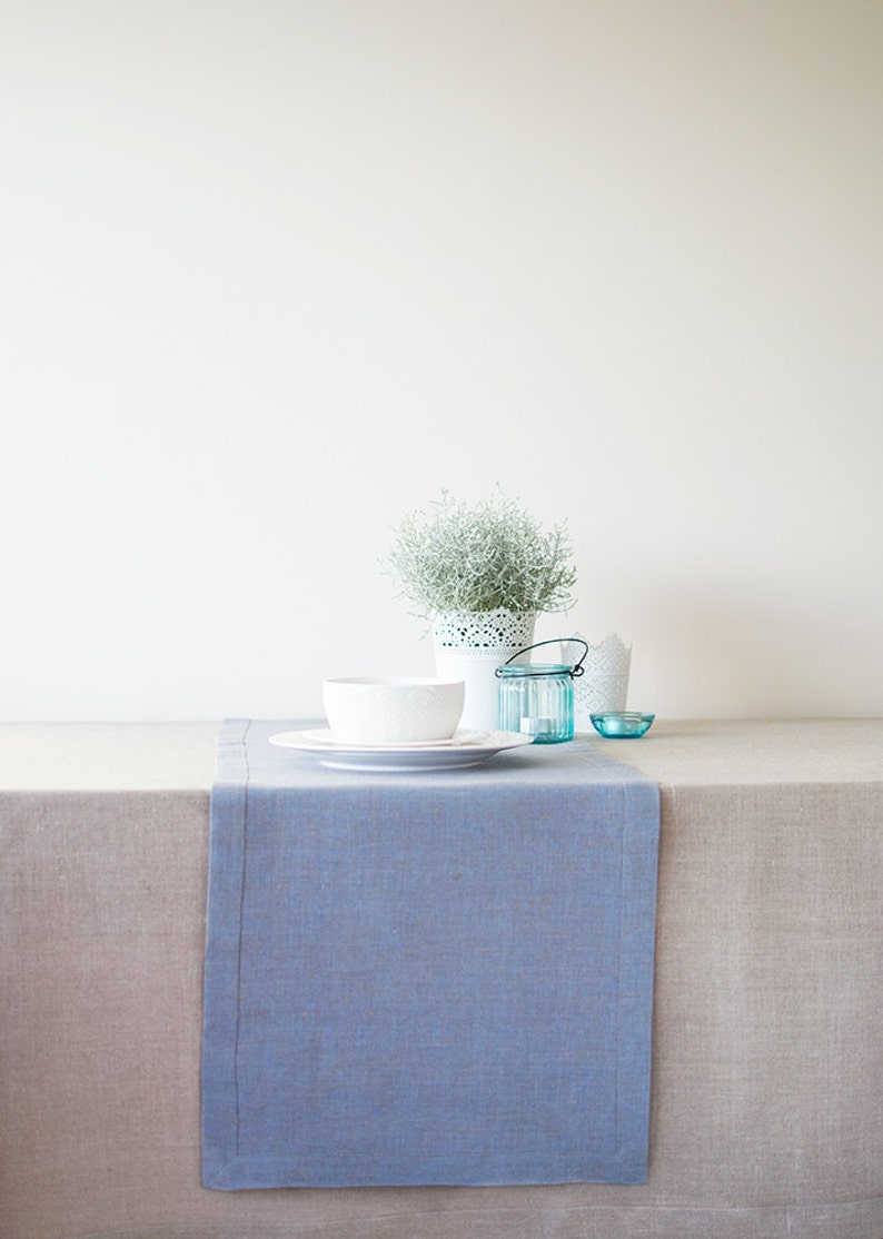 Blue Linen TABLE RUNNER Summer Dinner Long Runner Woodland | Etsy