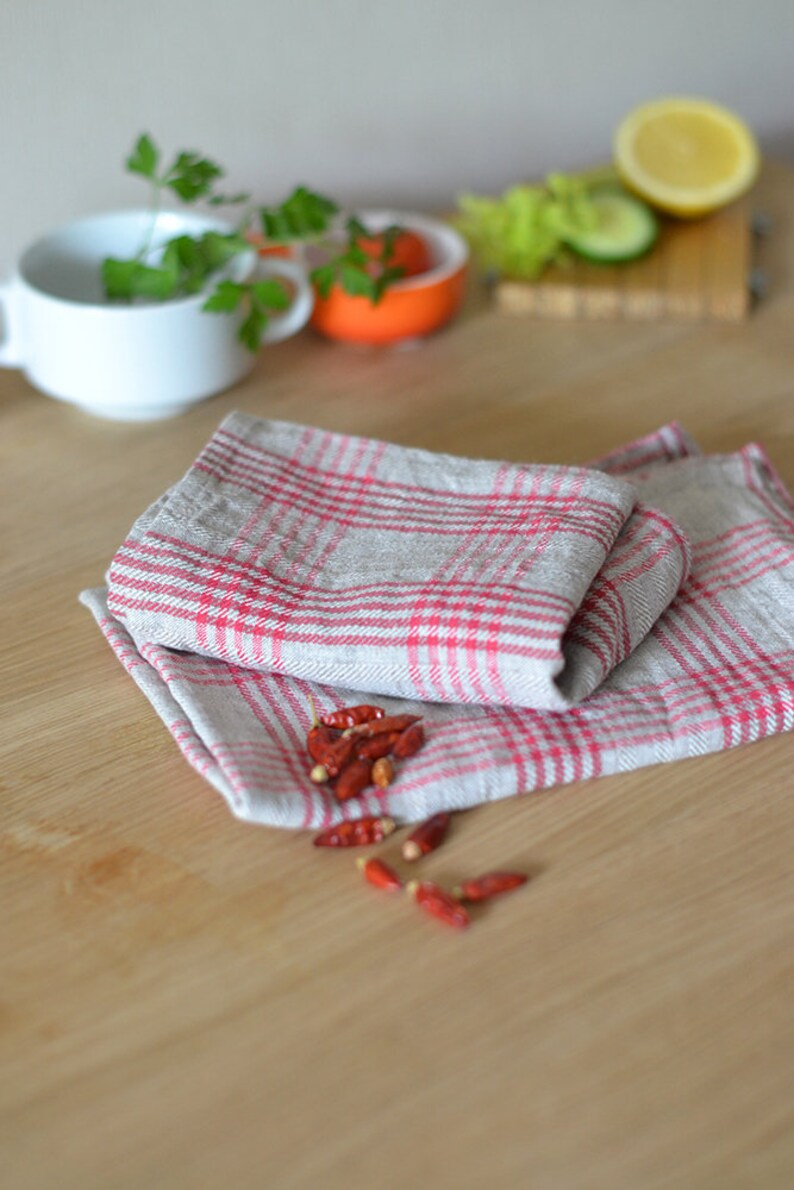 Plaid Red Linen Tea Towels Set of 2 Tartan Washed Unpaper Dish | Etsy