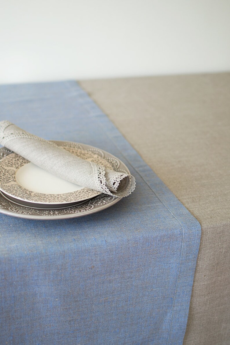 Blue Linen TABLE RUNNER Summer Dinner Long Runner Woodland | Etsy