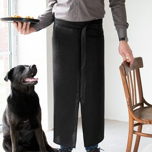 Black Natural Linen Half Long Apron Unisex Waist Kitchen Apron With ...