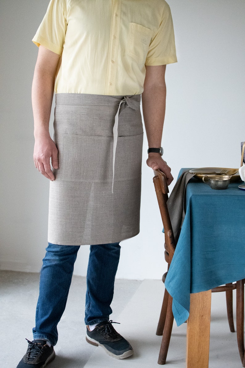 Natural Linen Half Apron Unisex Waist Kitchen Apron With One | Etsy
