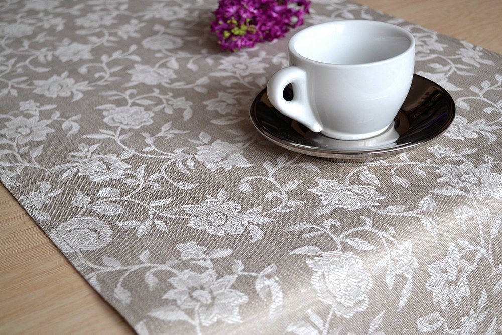 Natural Linen Table Runner with flowers Damask Wedding dinner | Etsy