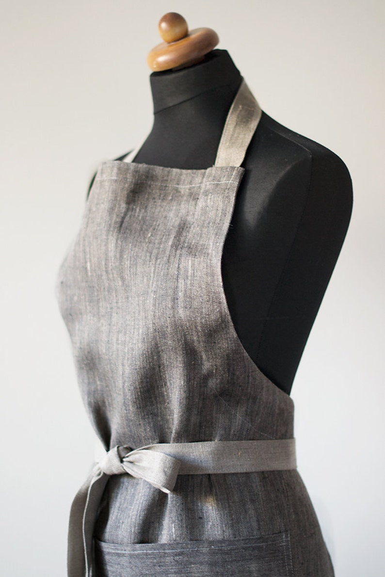 Linen Aprons Unisex Full Apron Natural Gray With Black Apron - Etsy