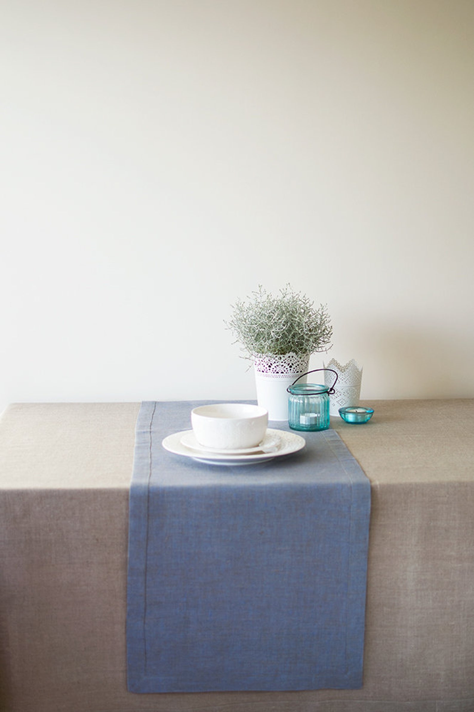 Blue Linen TABLE RUNNER Summer Dinner Long Runner Woodland | Etsy