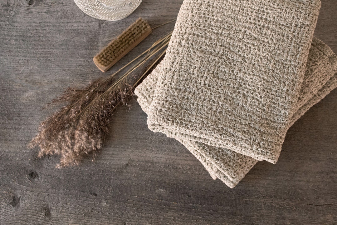 Natural Linen Bath Towels Rustic Waffle Body Towels Thick Massage Throw ...