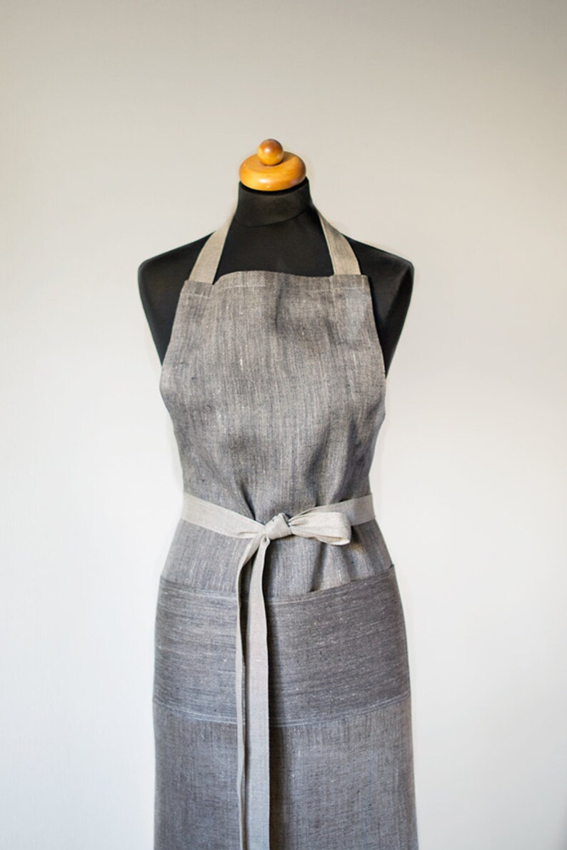 Linen Aprons Unisex Full Apron Natural Gray With Black Apron - Etsy