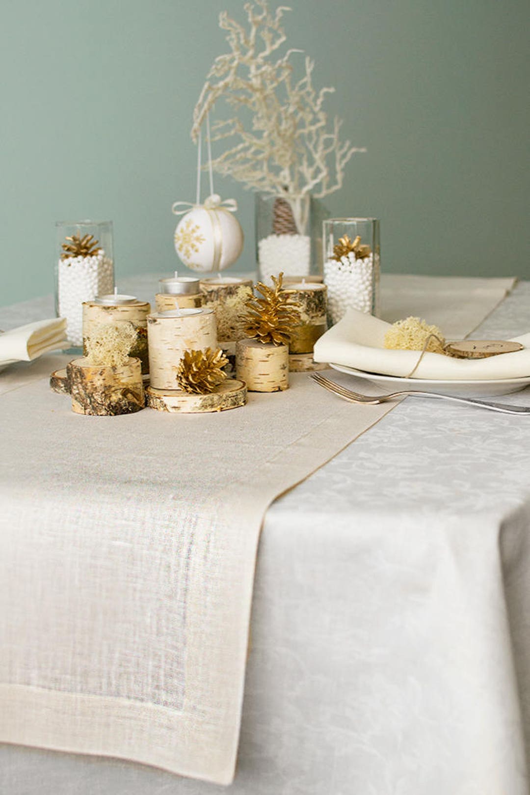 Gold Table Runner Woodland Wedding Dinner Decor White Christmas Linen ...