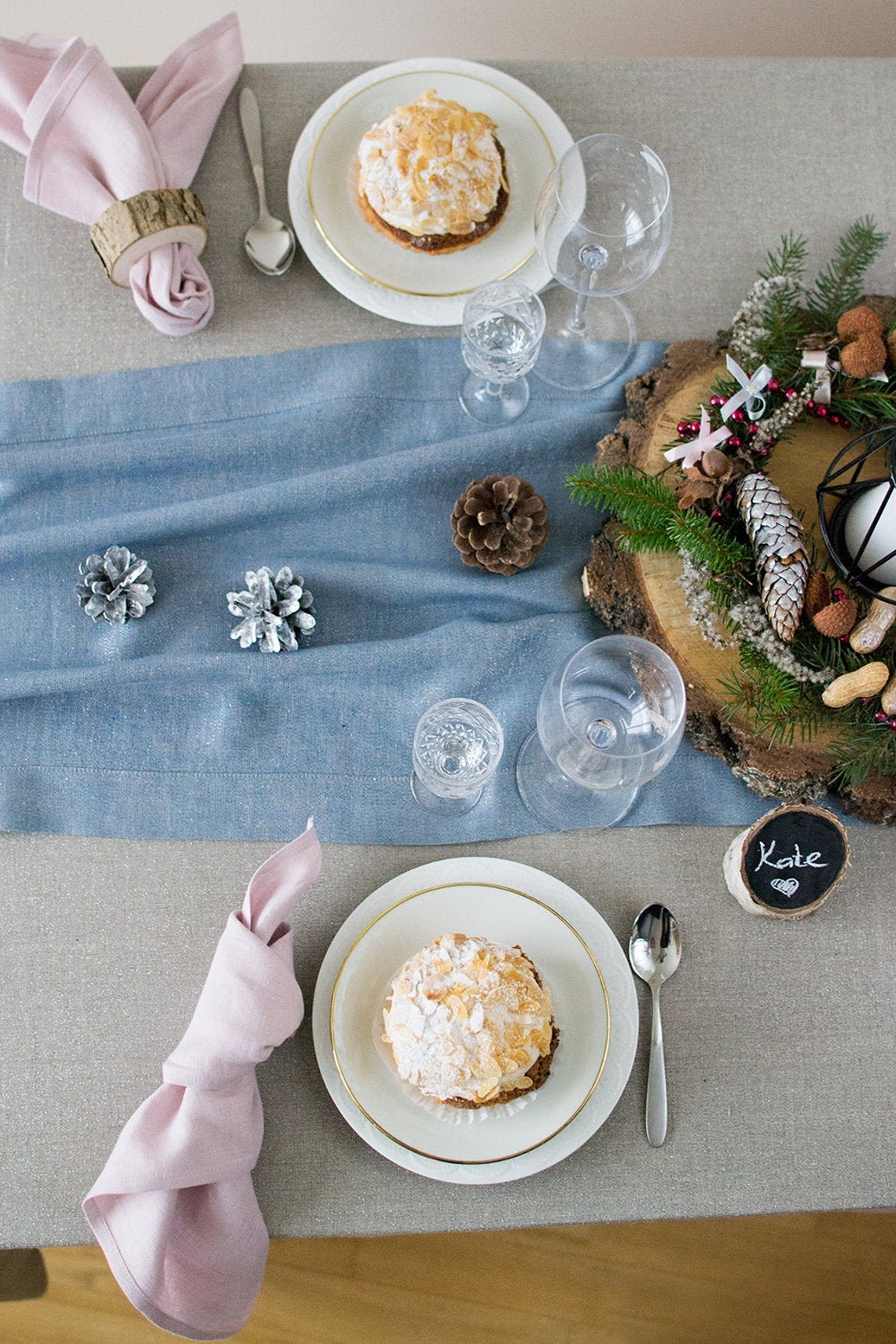 Blue silver linen table RUNNER Metallic table decor Sparkly | Etsy