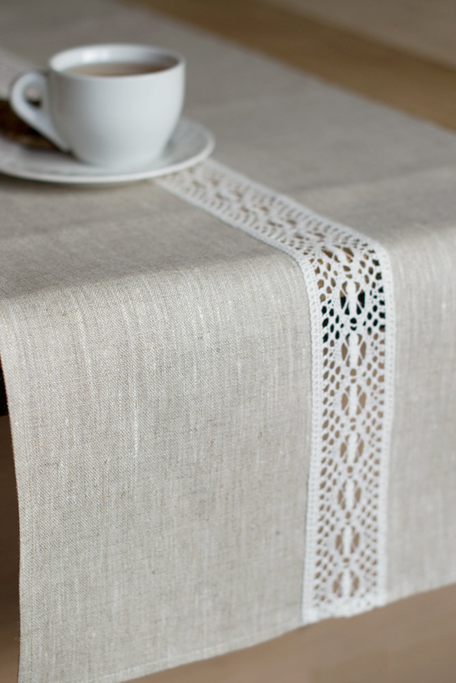 Natural Linen Runner With White Lace Rustic Centepiece Runner - Etsy